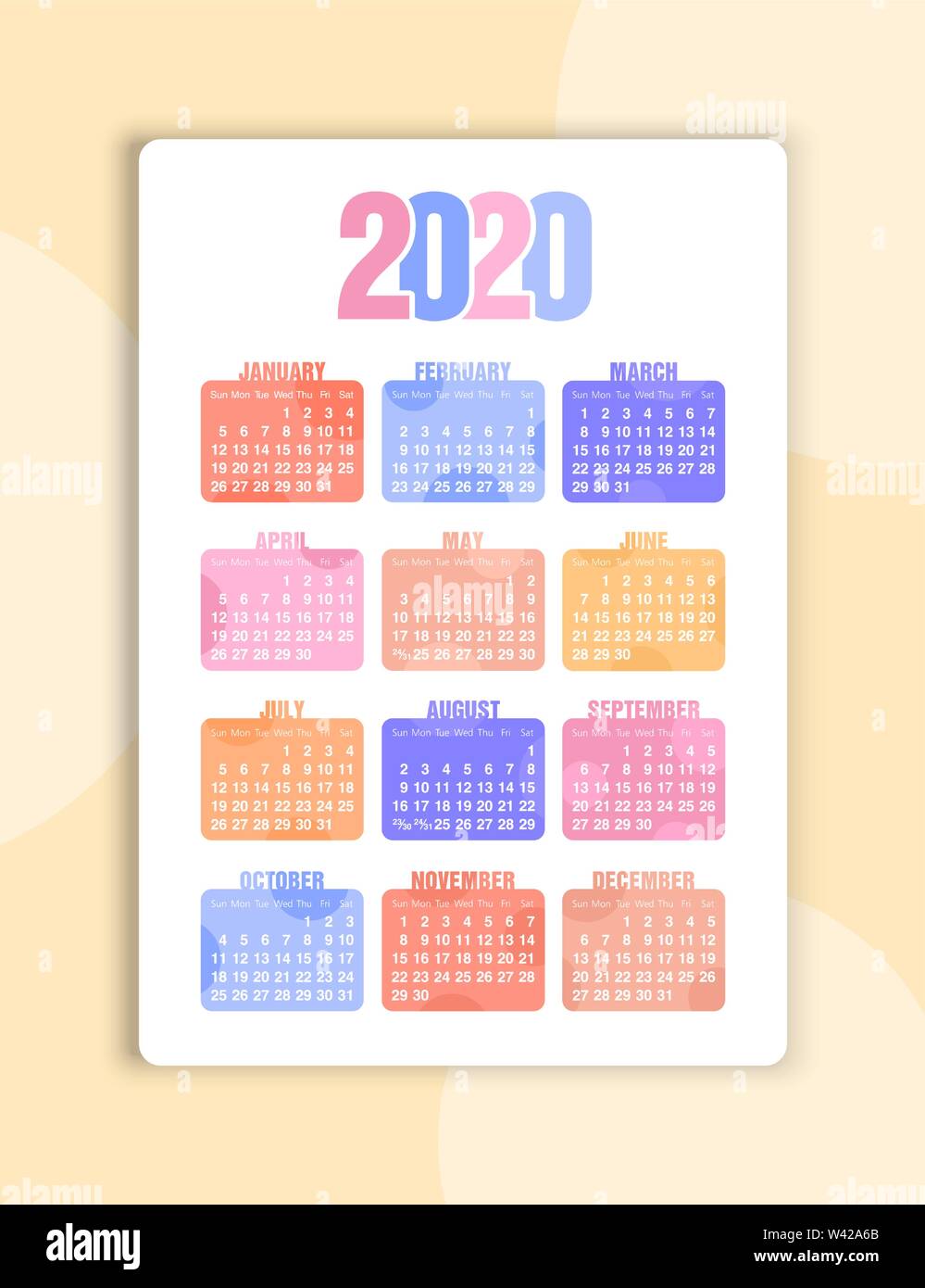 Calendar 2020 year. Color vector template. Week starts on Sunday. Basic ...