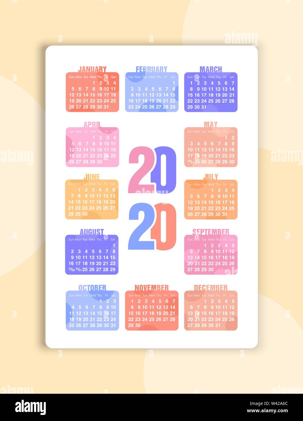 Calendar 2020 year. Color vector template. Week starts on Sunday. Basic ...