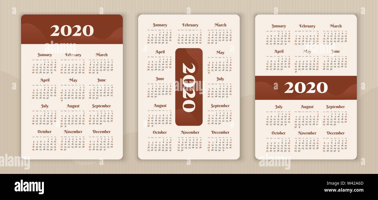 Calendar 2020 year. Color vector template. Week starts on Sunday. Basic ...