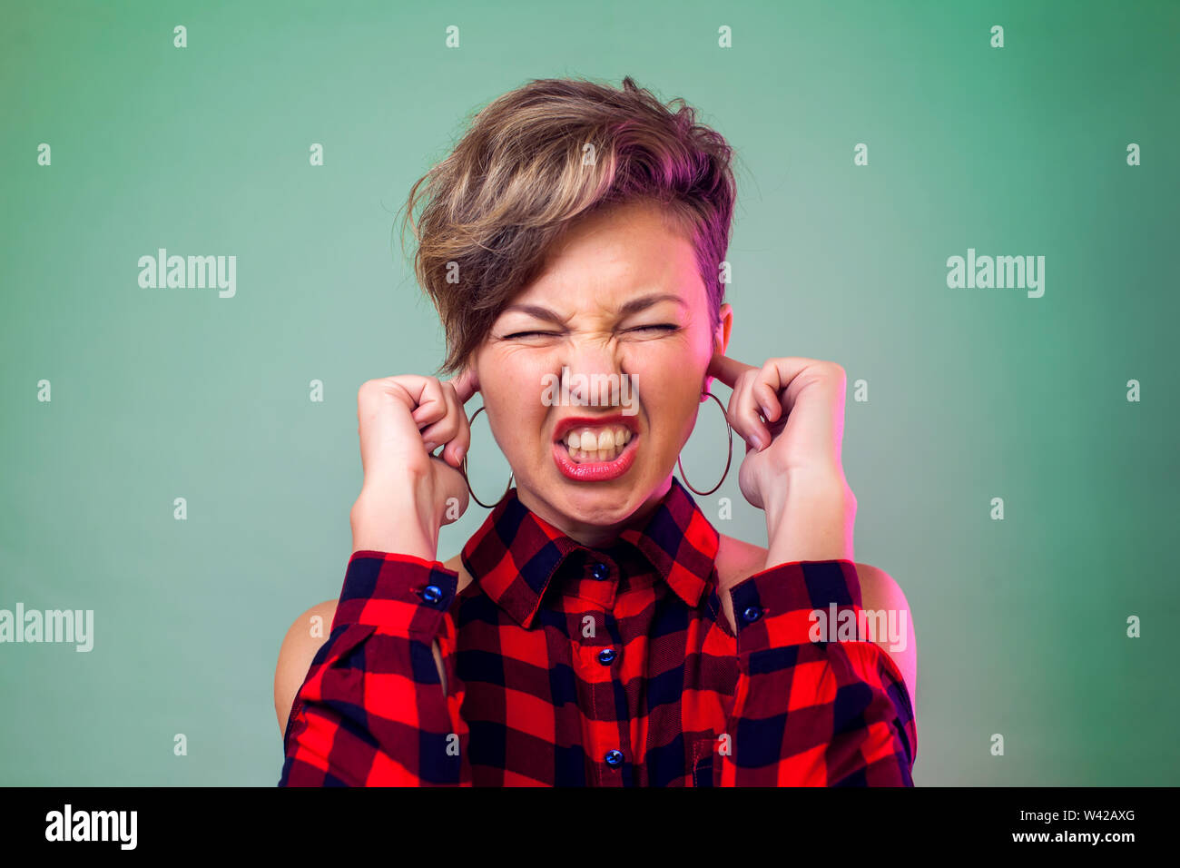 People and emotions - a portrait of smiling woman with short dark hair ...