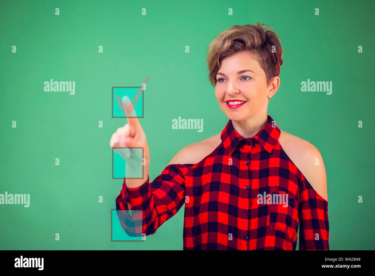 People and emotions -a portrait of wondering woman point with a finger ...