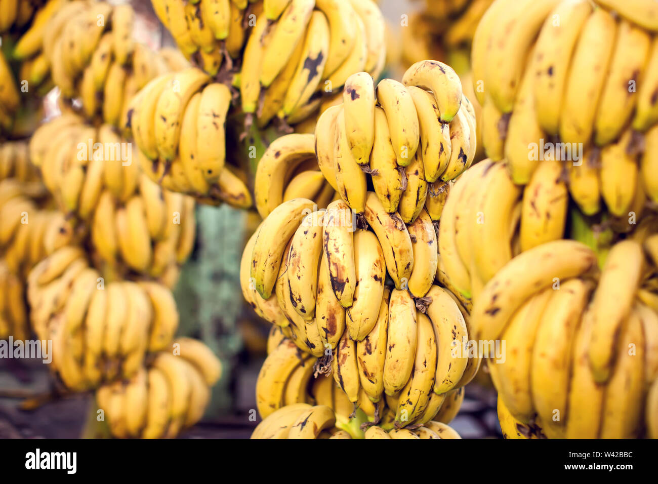 Fresh yellow bananas at market. Fruits and vegetables concept Stock ...