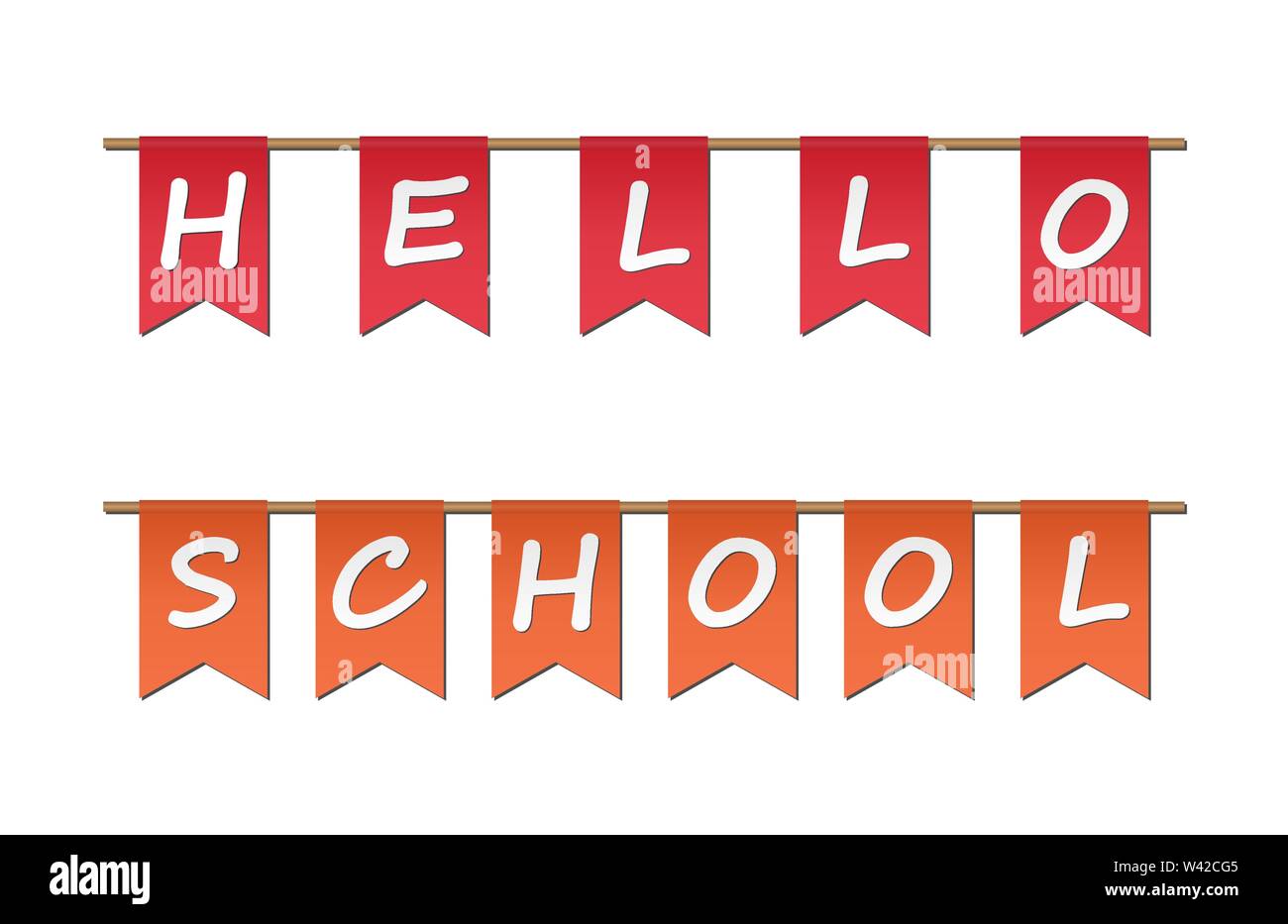 Colored flags with the inscription Hello school hung on a rope Stock ...