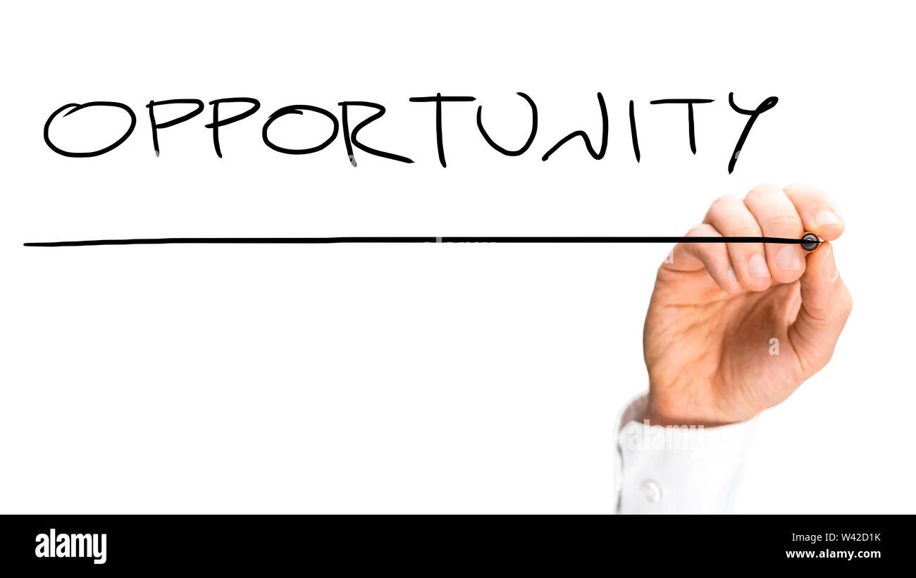 Male hand writing Opportunity on virtual whiteboard. Isolated over ...