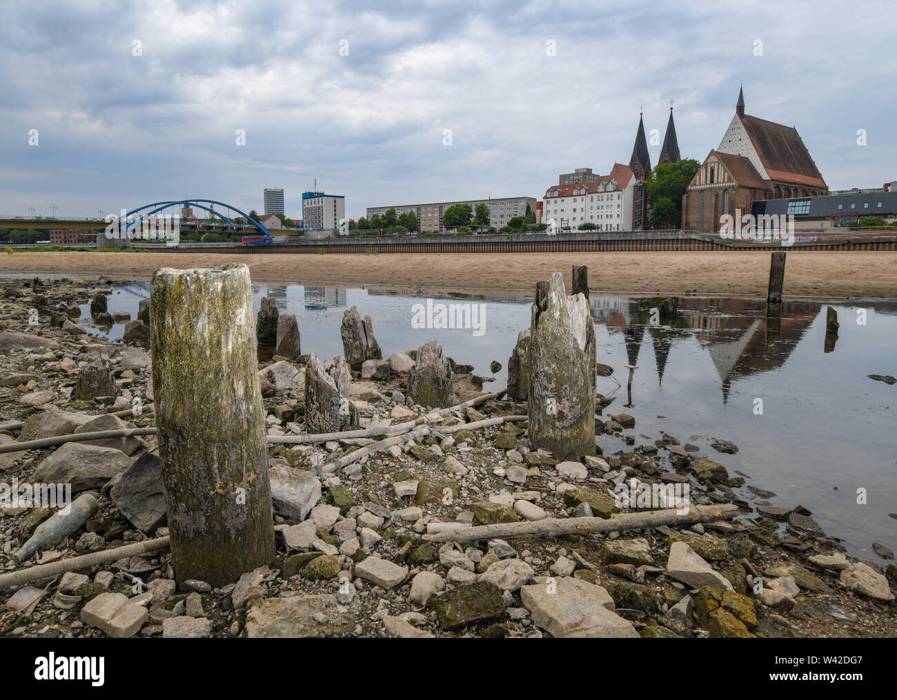 Slubice, Poland. 19th July, 2019. Wooden pillars protrude from the dry ...