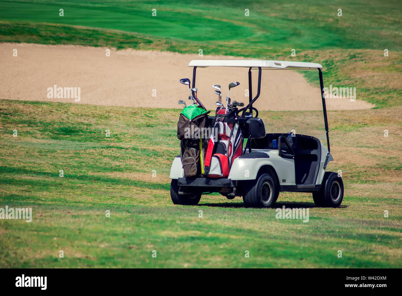 Golf carts on the grass sport field. Sport and lifestyle concept Stock ...
