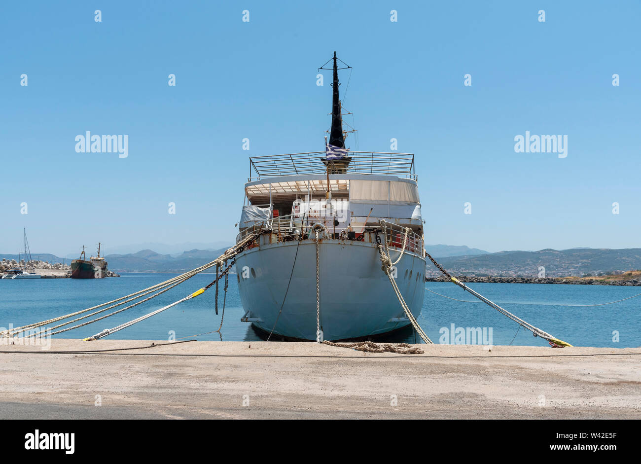Kissamos Port, Kastelli, Crete, Greece. June 2019. An old ferry in a ...
