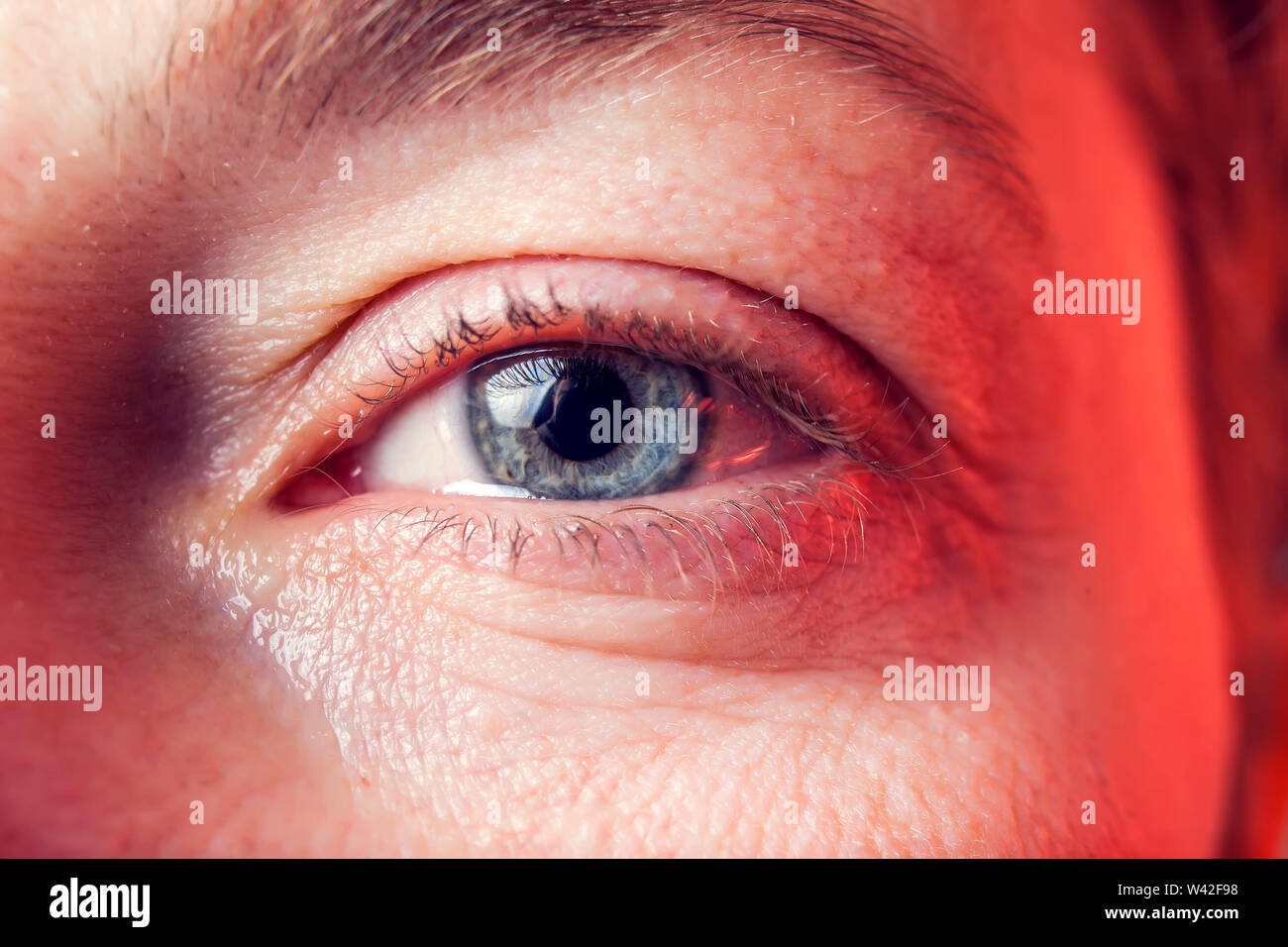 Close-up blue eye of a woman with a tear. People and emotions concept ...