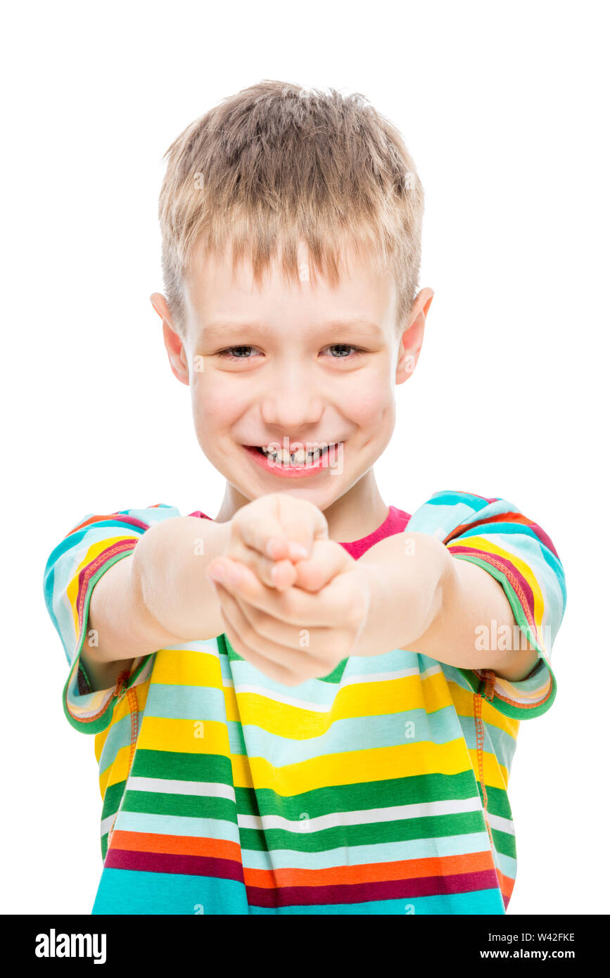 cheerful boy 10 years old on a white background, studio portrait Stock ...