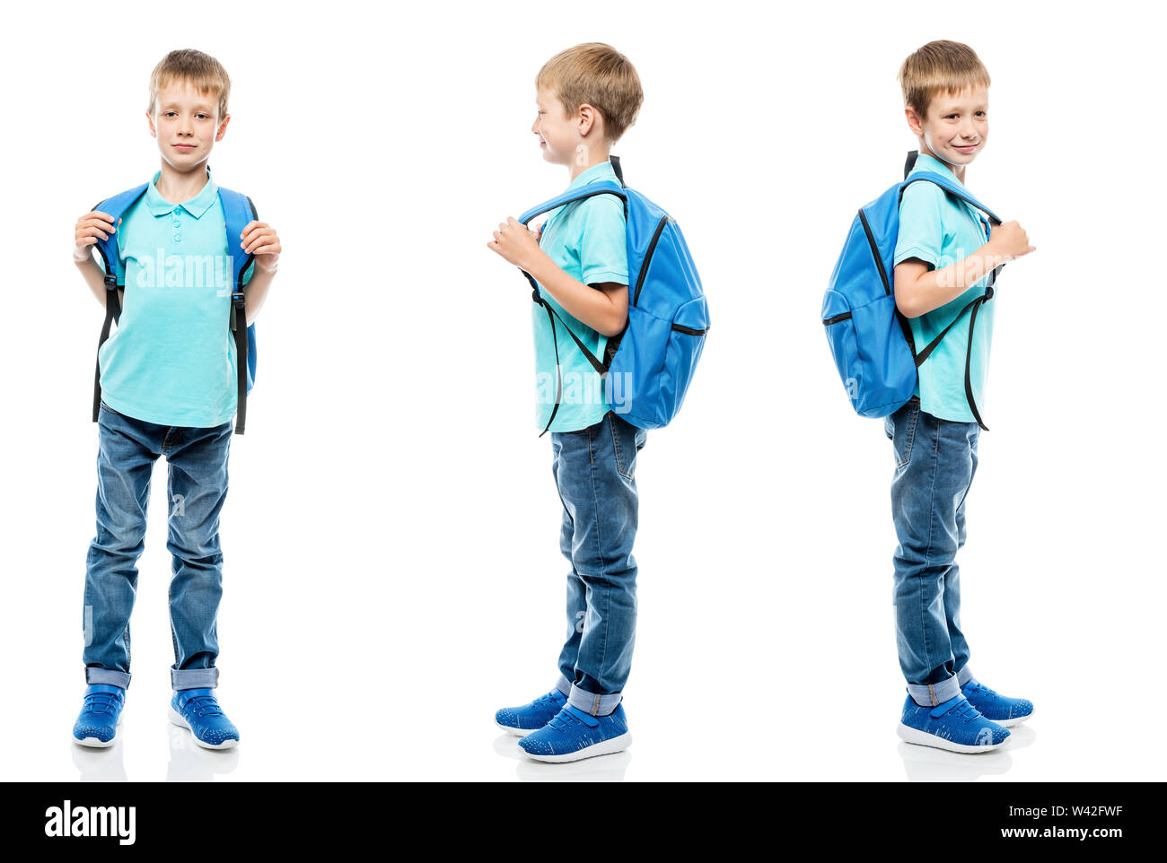 Schoolboy with a backpack on a white background in different poses ...