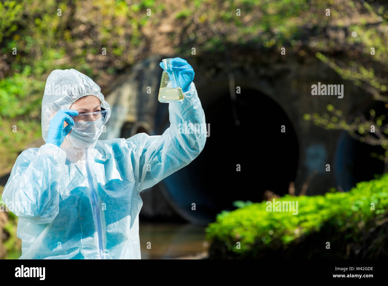 Ecologist explores the water from the river near the sewer Stock Photo ...