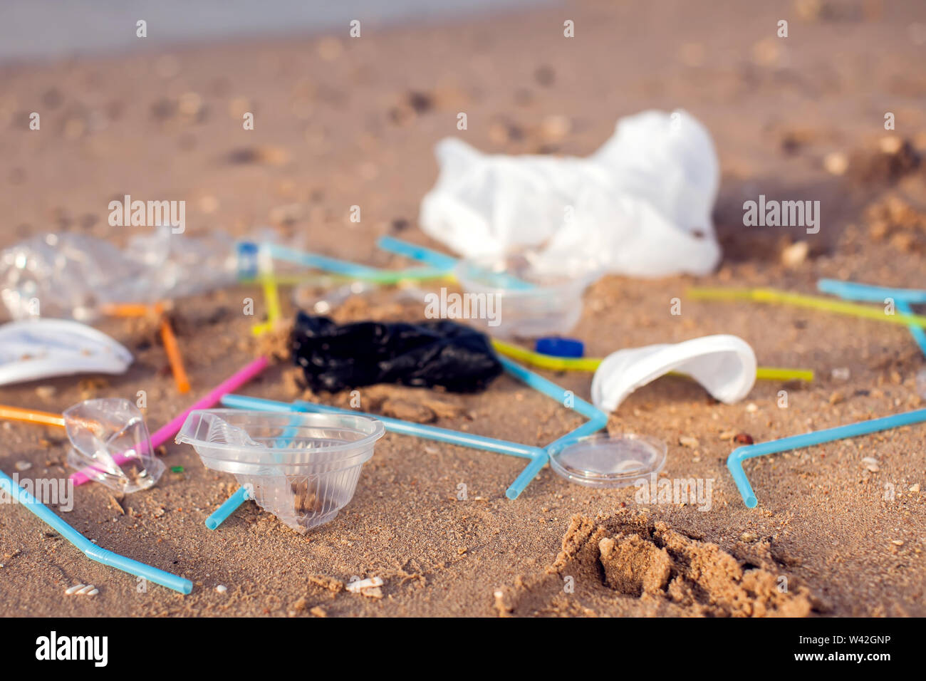 Different Garbage on the beach. Environmental pollution concept Stock ...