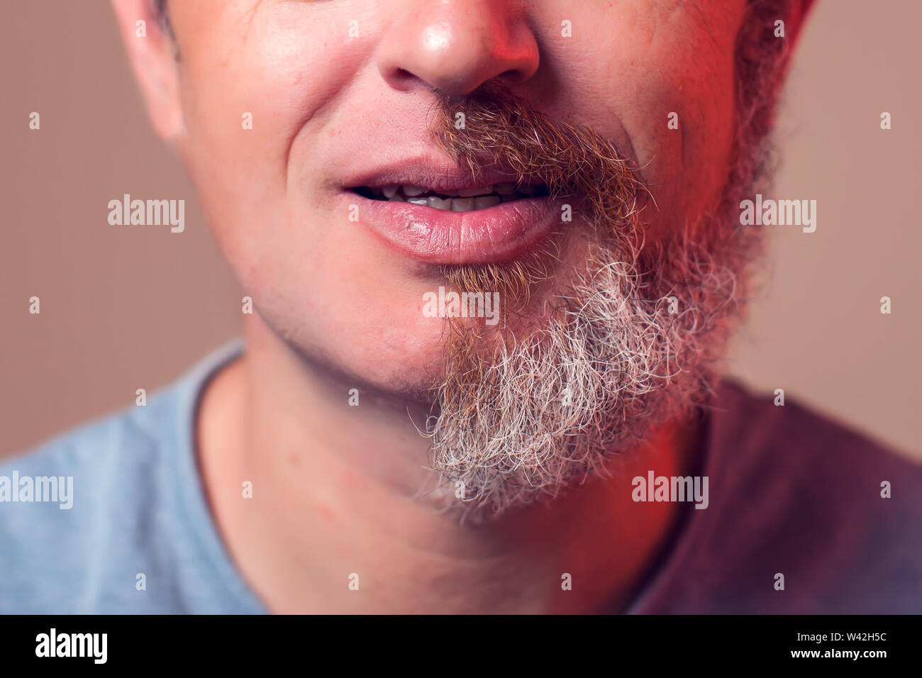 A portrait of man with half beard and hair on brown background Stock ...