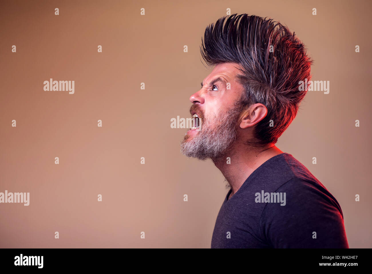 Closeup portrait of an angry adult man with a beard and iroquois ...