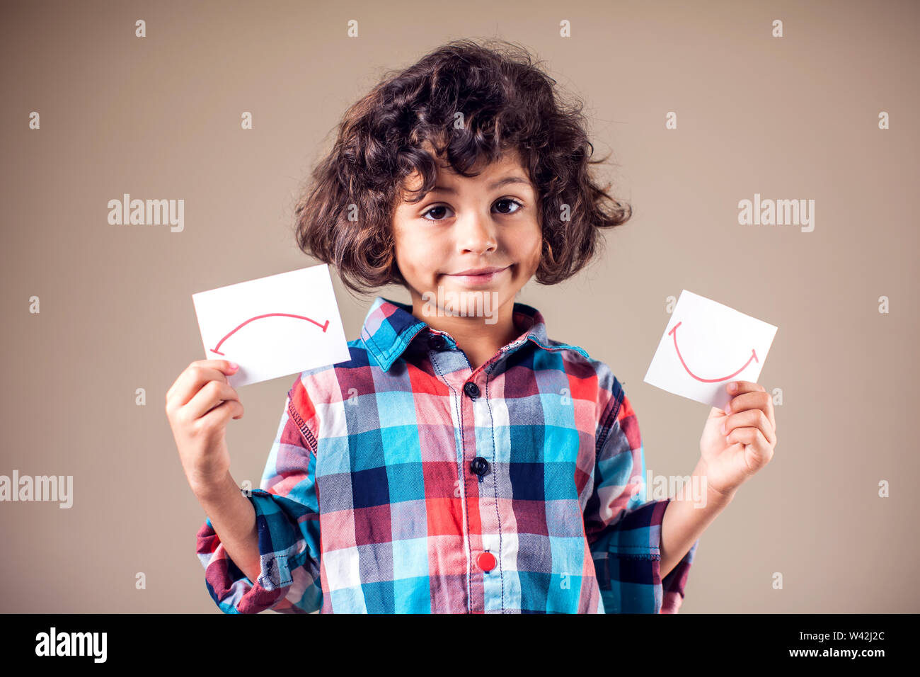 Kid boy select between positive and negative expressions. Children and ...
