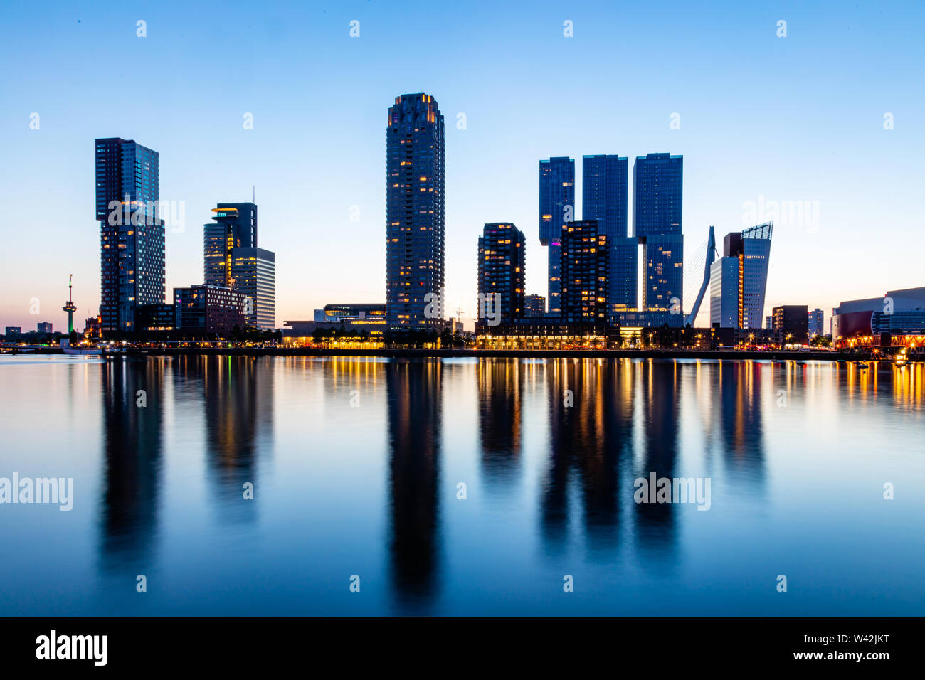 Rotterdam skyline night view. City towers illuminated, reflections on ...