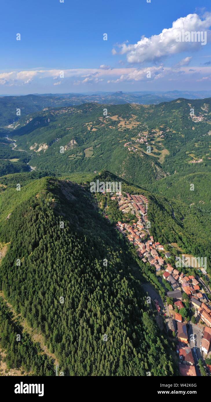Aerial view of Ligonchio village and its lake of the hydroelectric ...