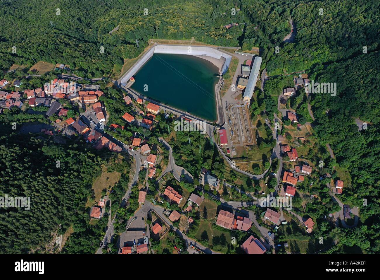 Aerial view of Ligonchio village and its lake of the hydroelectric ...