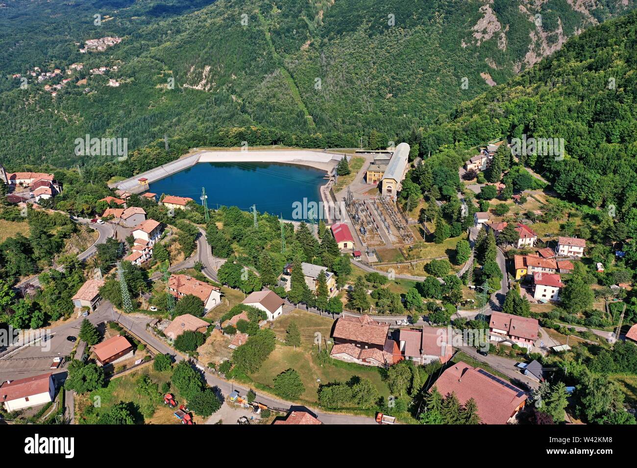 Aerial view of Ligonchio village and its lake of the hydroelectric ...