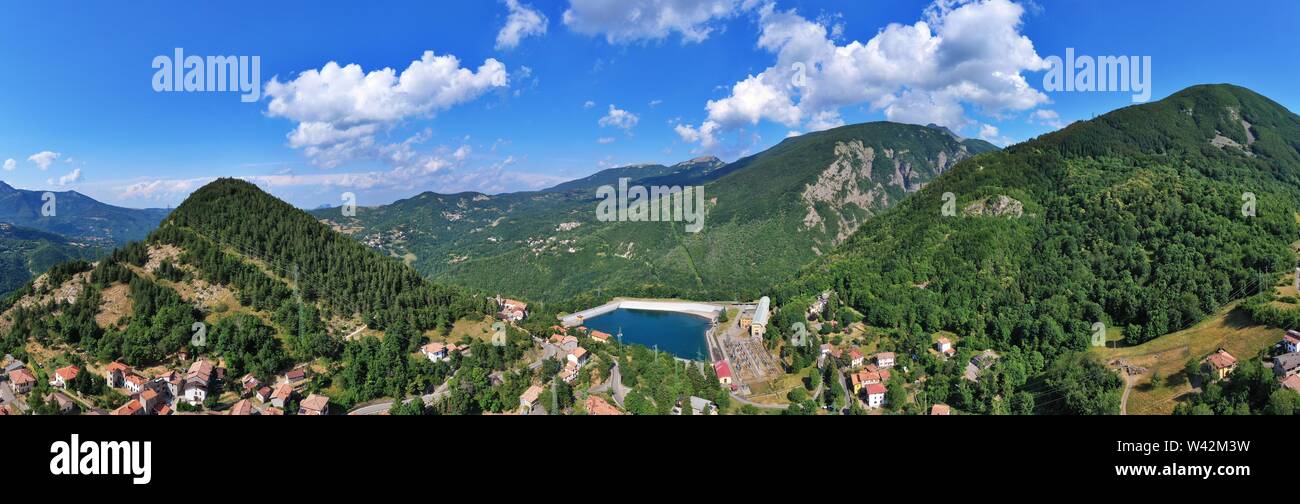 Aerial view of Ligonchio village and its lake of the hydroelectric ...