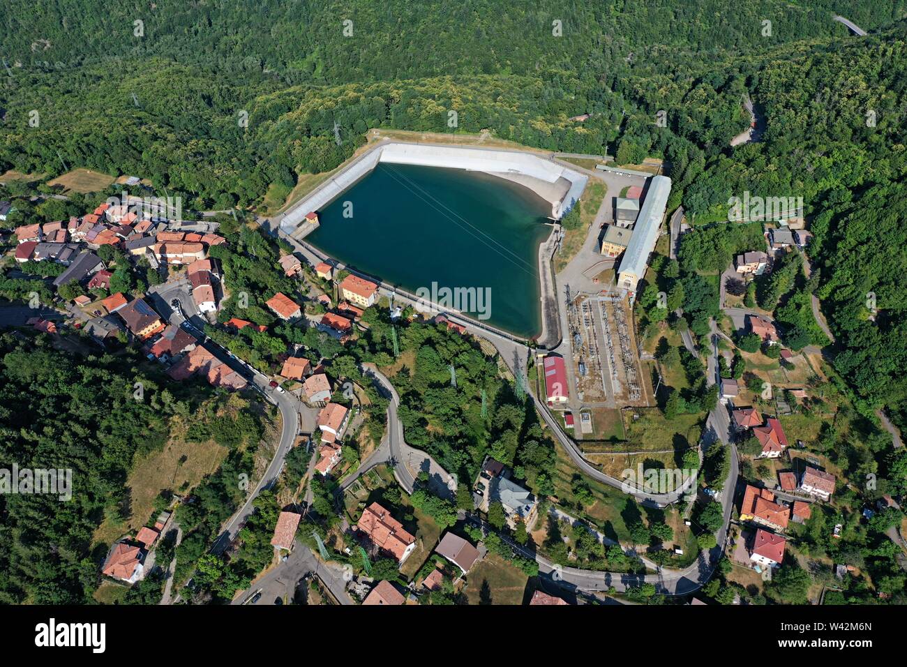 Aerial view of Ligonchio village and its lake of the hydroelectric ...