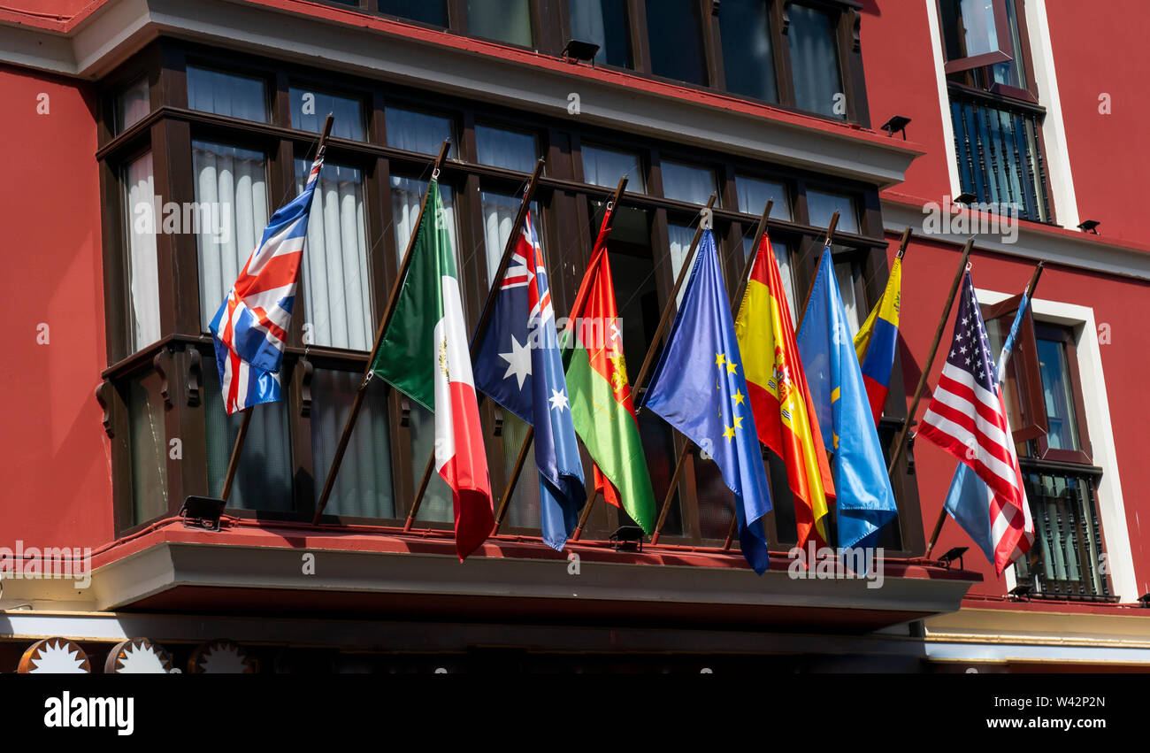 Exhibition of flags of the world in spanish building Stock Photo - Alamy