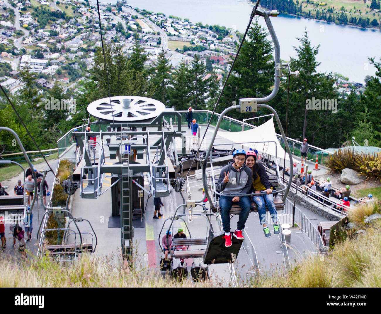 Riding up the cable ride to the top of hill overlooking Queenstown, New ...