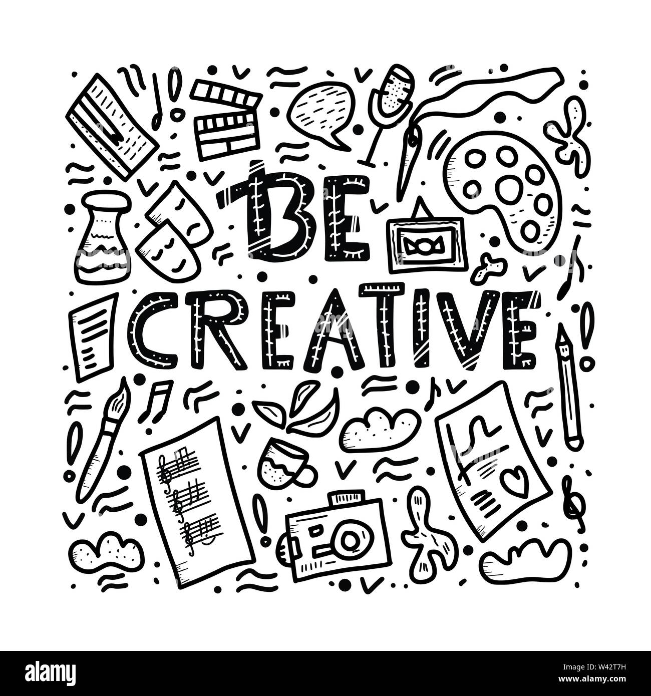 Be creative sketch concept. Creative lettering with art symbols ...