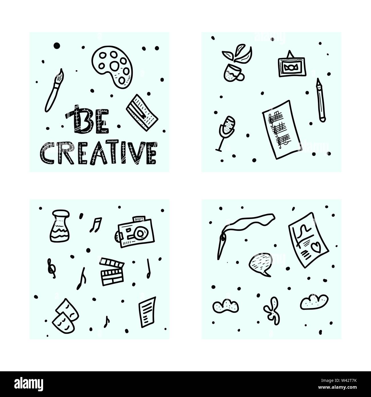 Be creative concept. Lettering with art symbols. Hand drawn elements ...