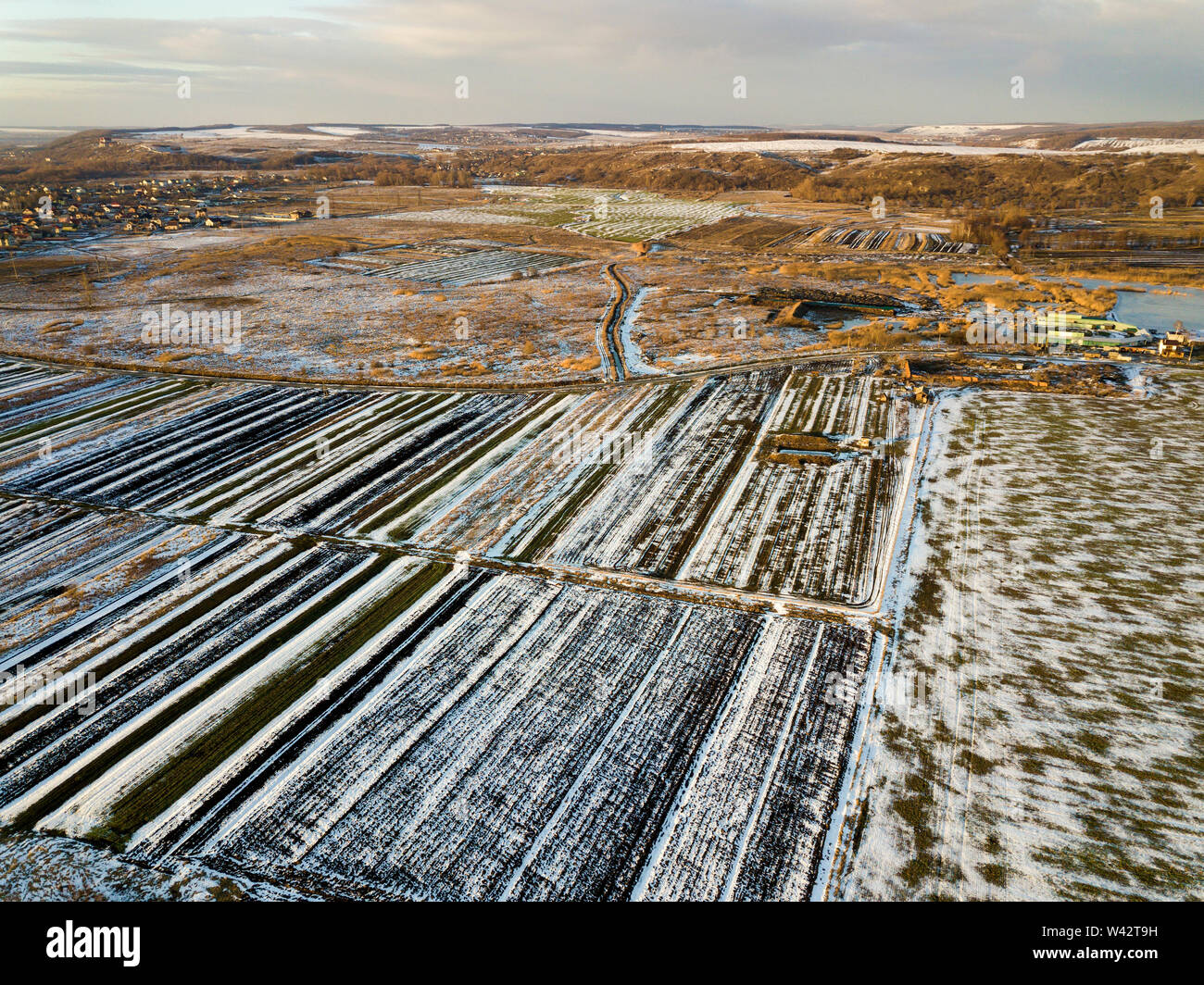 Aerial view of snowy fields at sunrise hi-res stock photography and ...