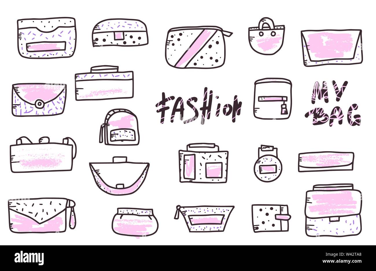 Set of woman handbags. Collection of purses in doodle style. Fashion ...