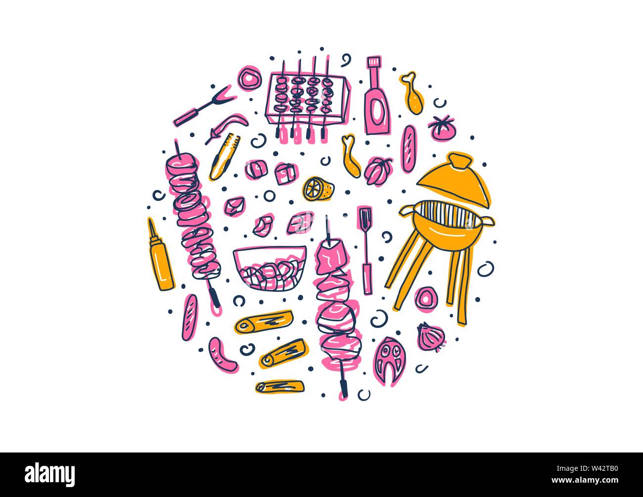 BBQ round badge. Barbecue circle composition with cookout symbols in ...