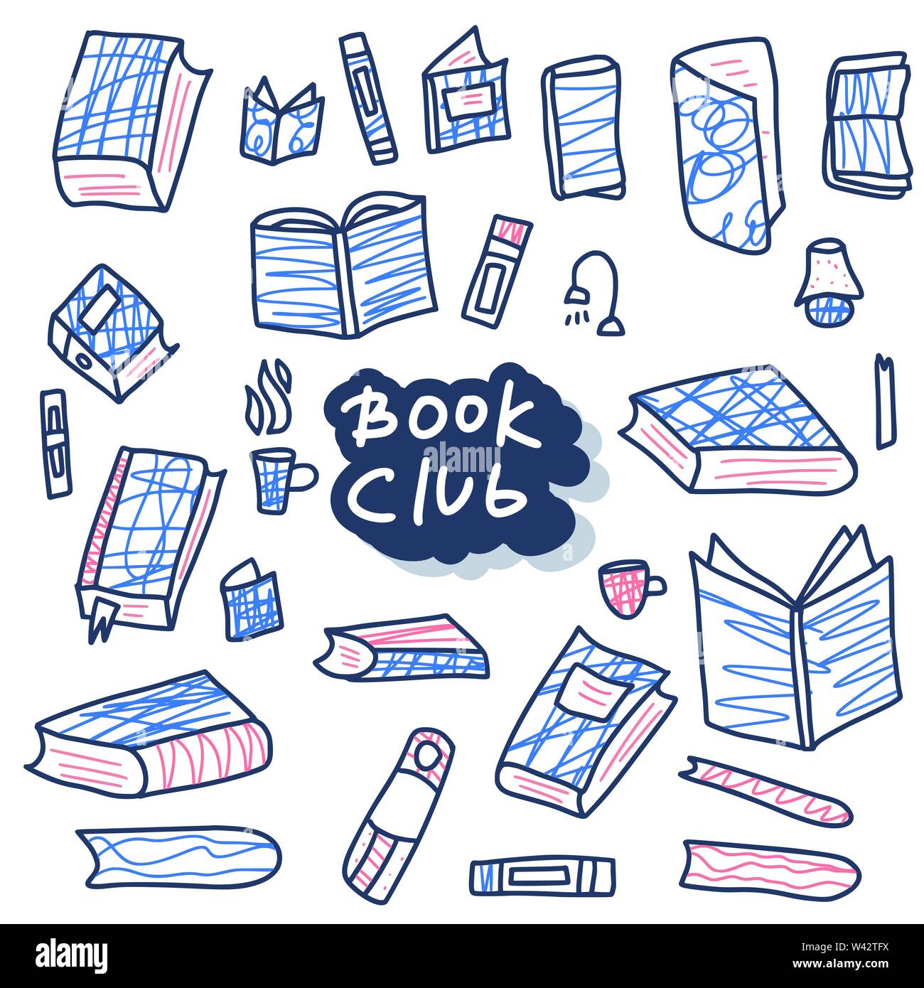Book club concept. Book set in doodle style. Symbols of reading on ...