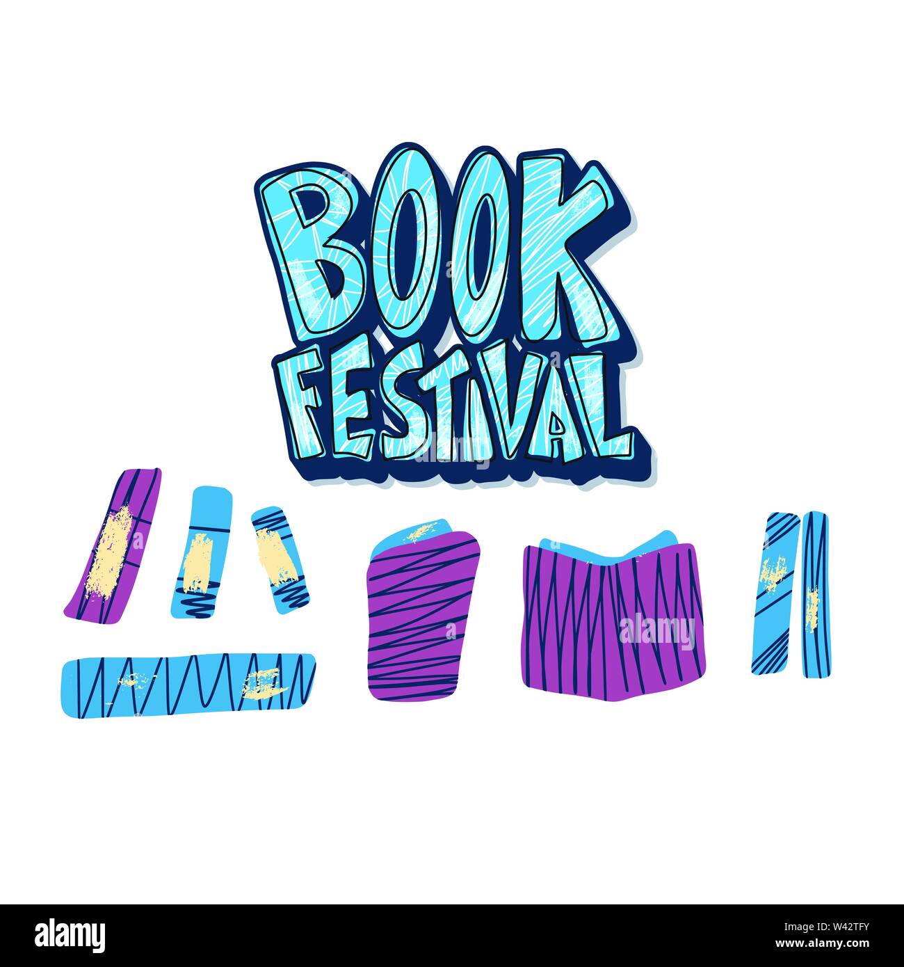 Book festival emblem. Book set with lettering in doodle style. Symbols ...