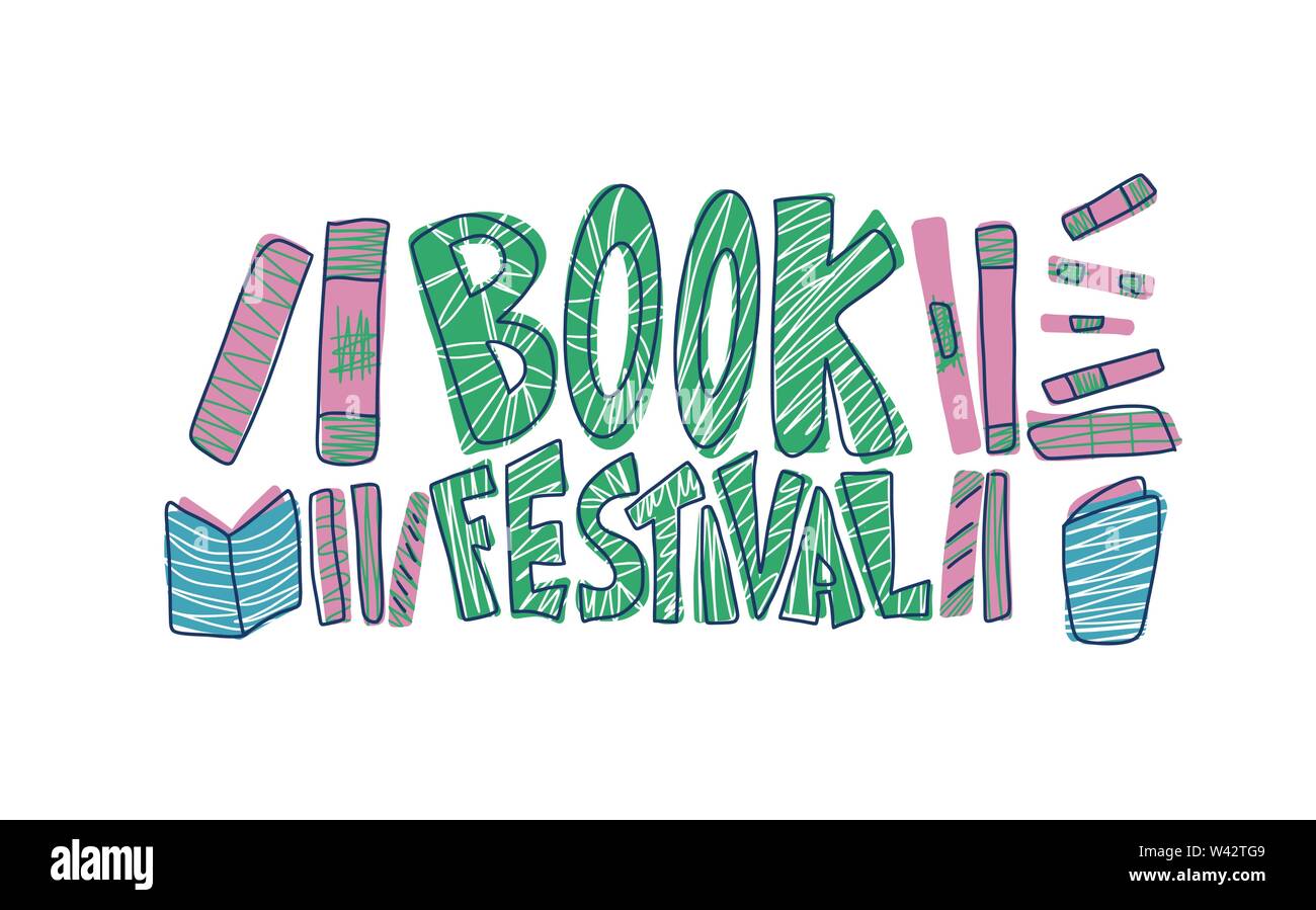 Book festival emblem. Book set in doodle style. Symbols of reading with ...