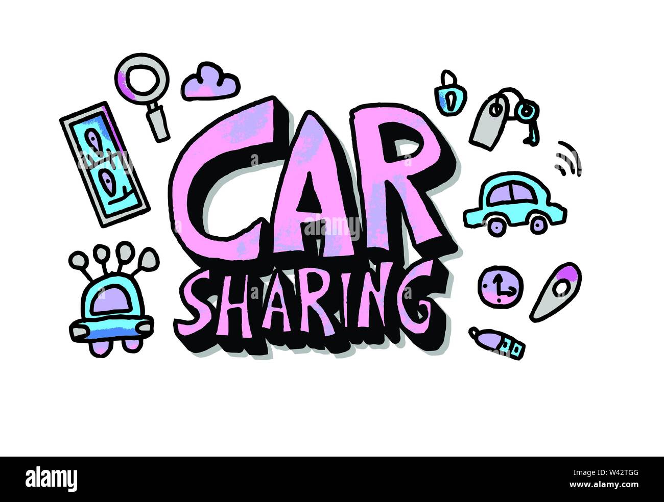 Car sharing emblem. Hand lettering with symbols isolated on white ...