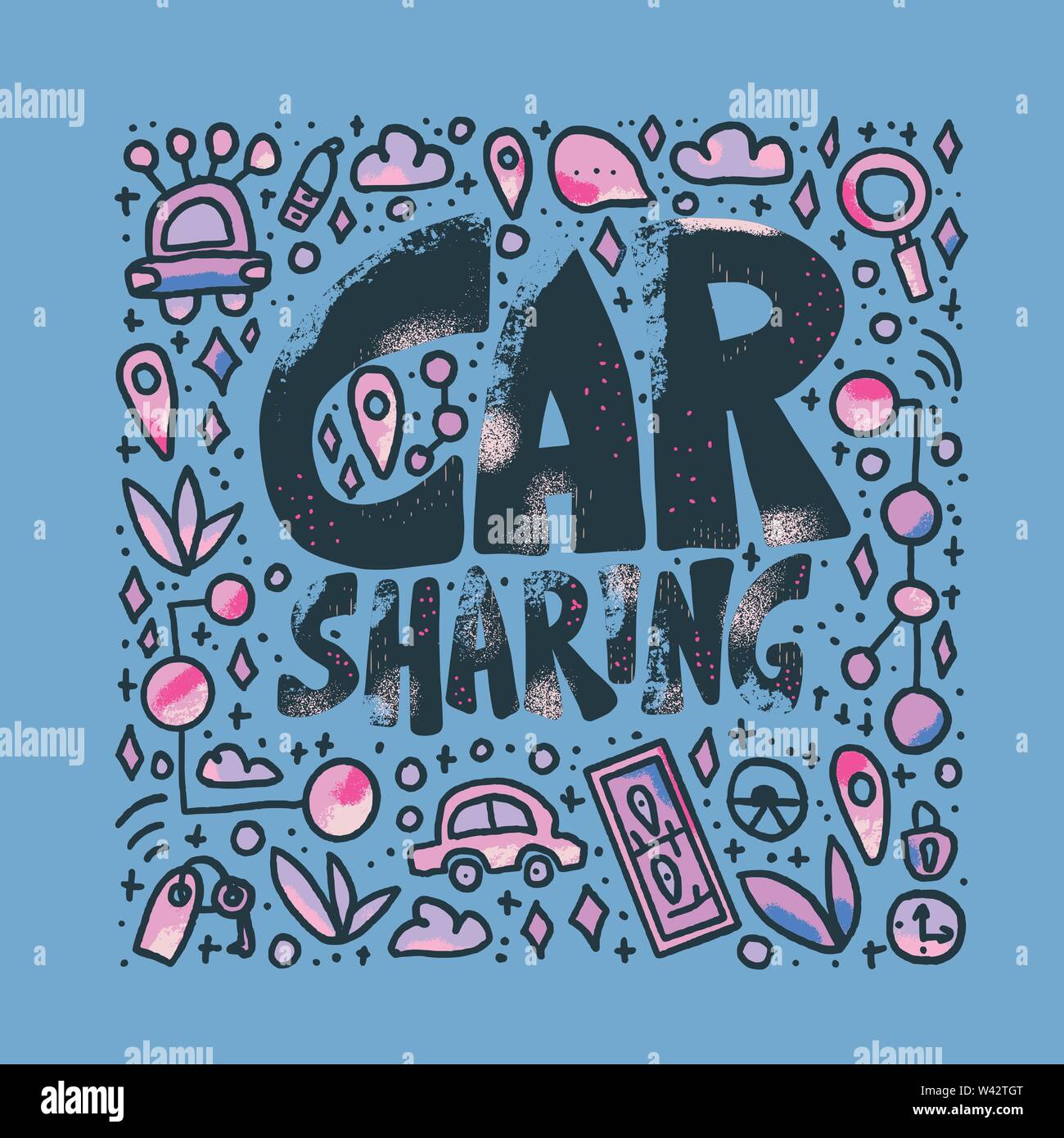 Car sharing concept. Hand lettering with symbols. Vector illustration ...