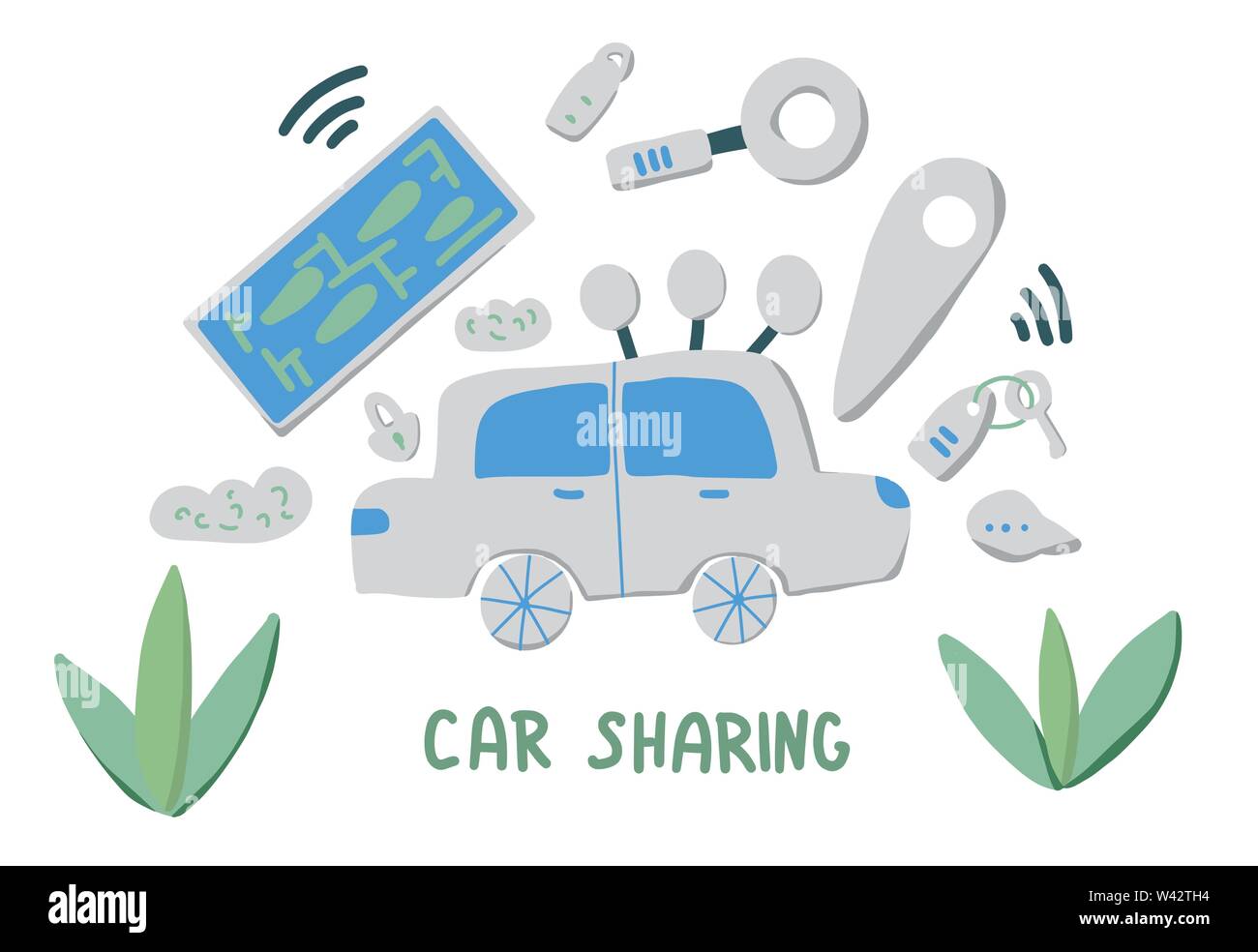 Car sharing composition. Hand lettering with symbols. Carsharing ...