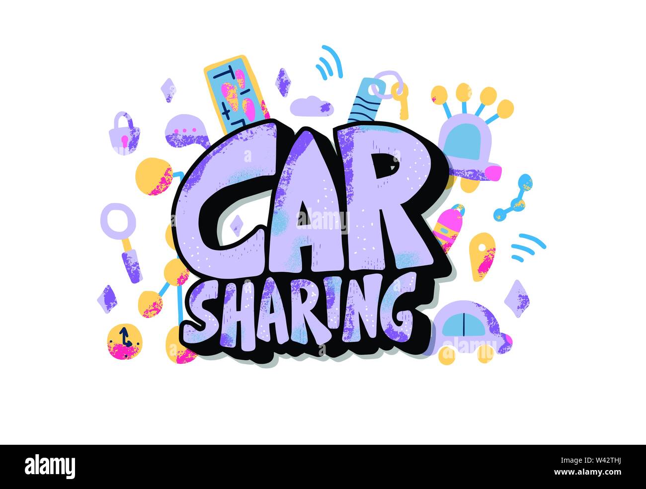 Car sharing concept. Hand lettering with symbols. Vector illustration ...