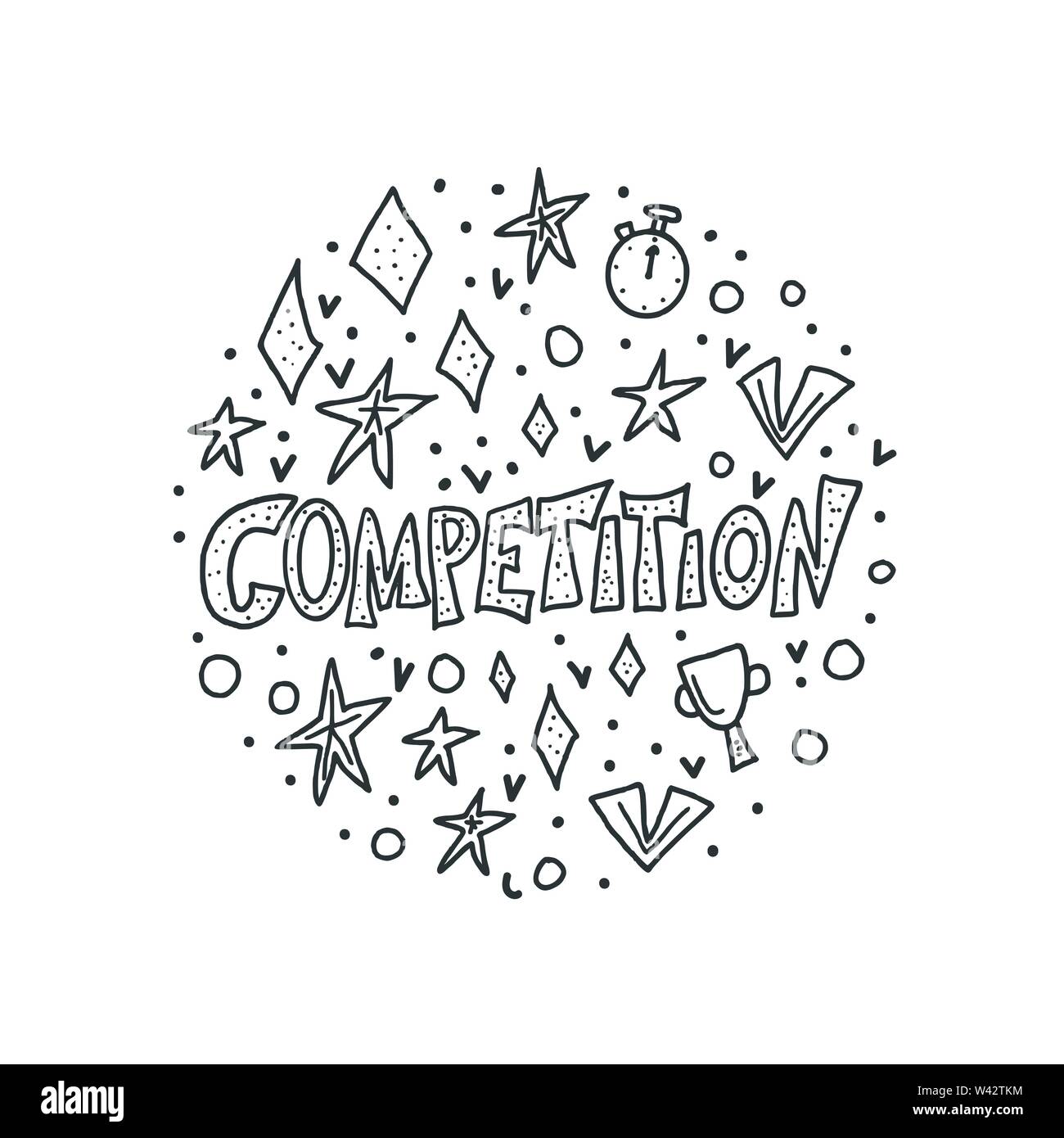 Set of round badges of competition. Collection of sport in doodle style ...