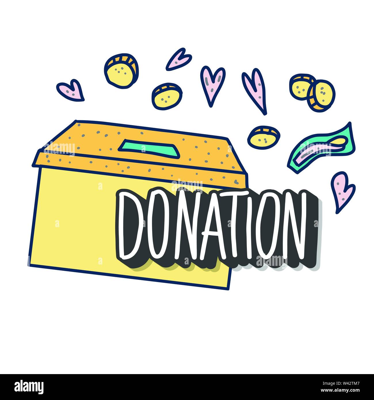 Donation box with text emblem. Donate lettering with coin and other ...