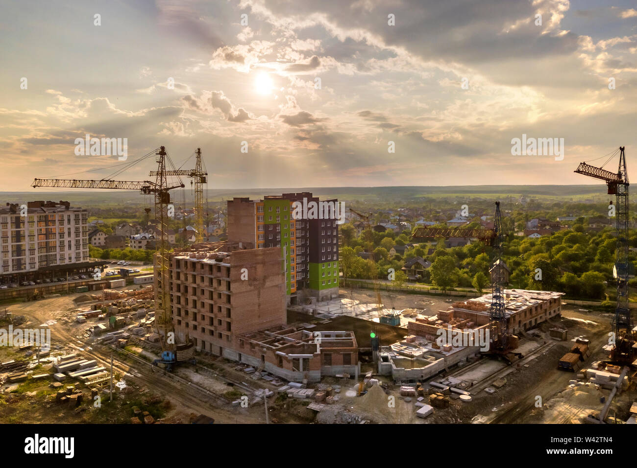 Aerial view of building site. Apartment or office building under ...