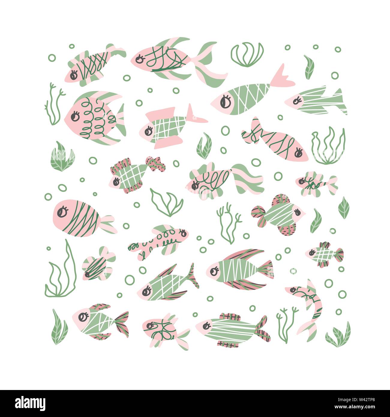 Fish collection isolated. Cute aquarium fish characters in doodle style ...