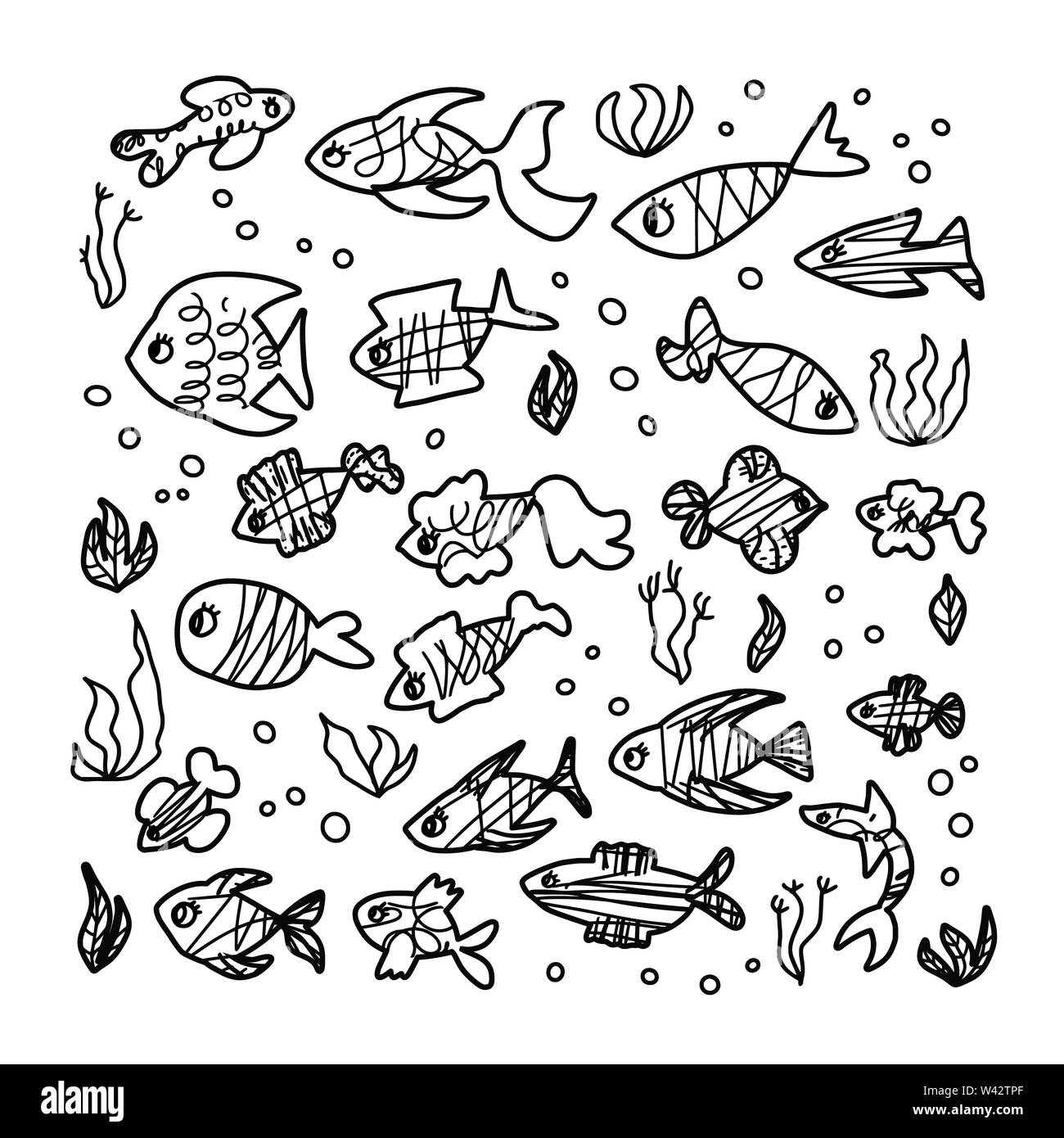 Fish collection isolated. Cute aquarium fish characters in doodle style ...