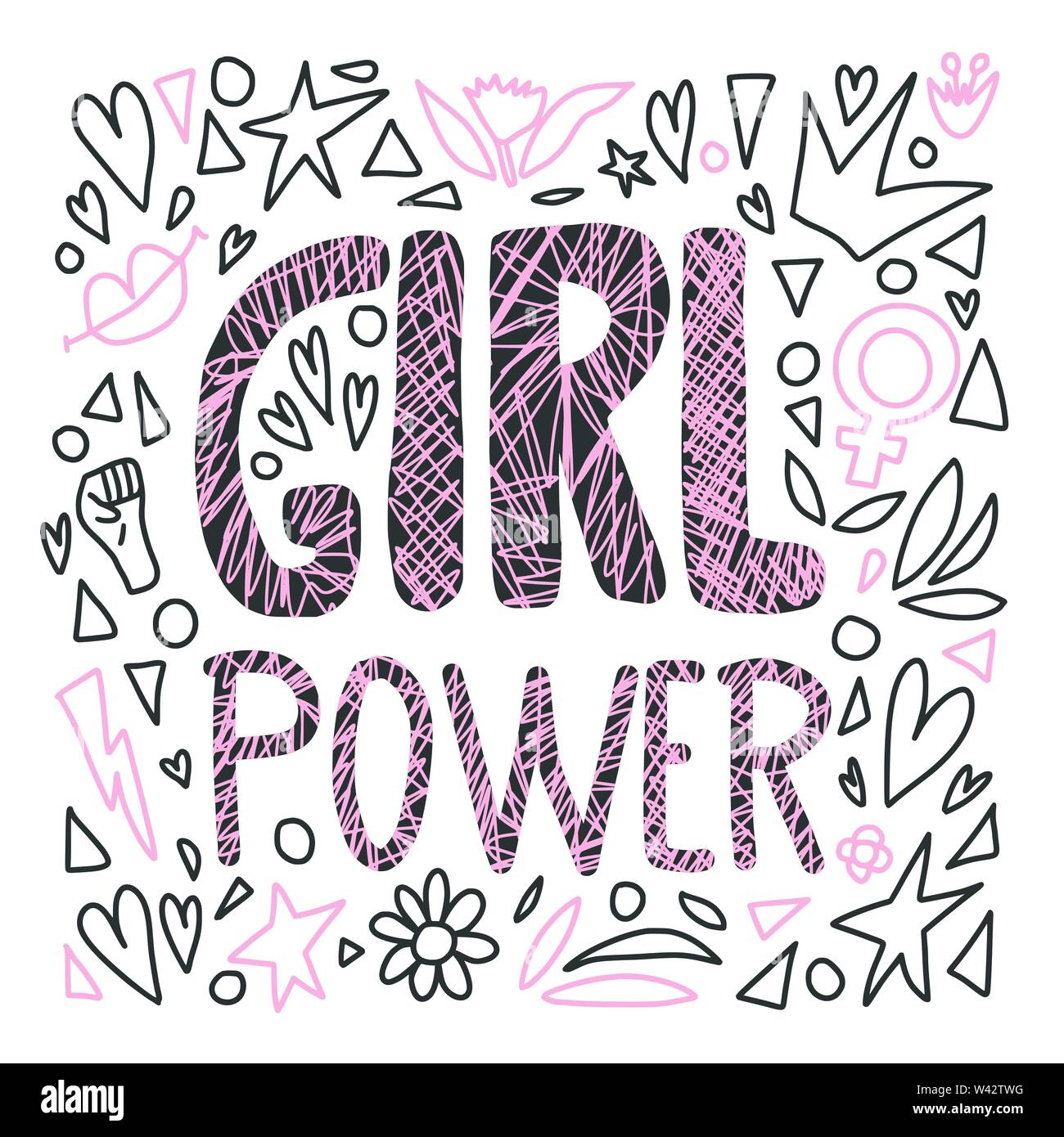 Girl power handwritten lettering with design elements in doodle style ...