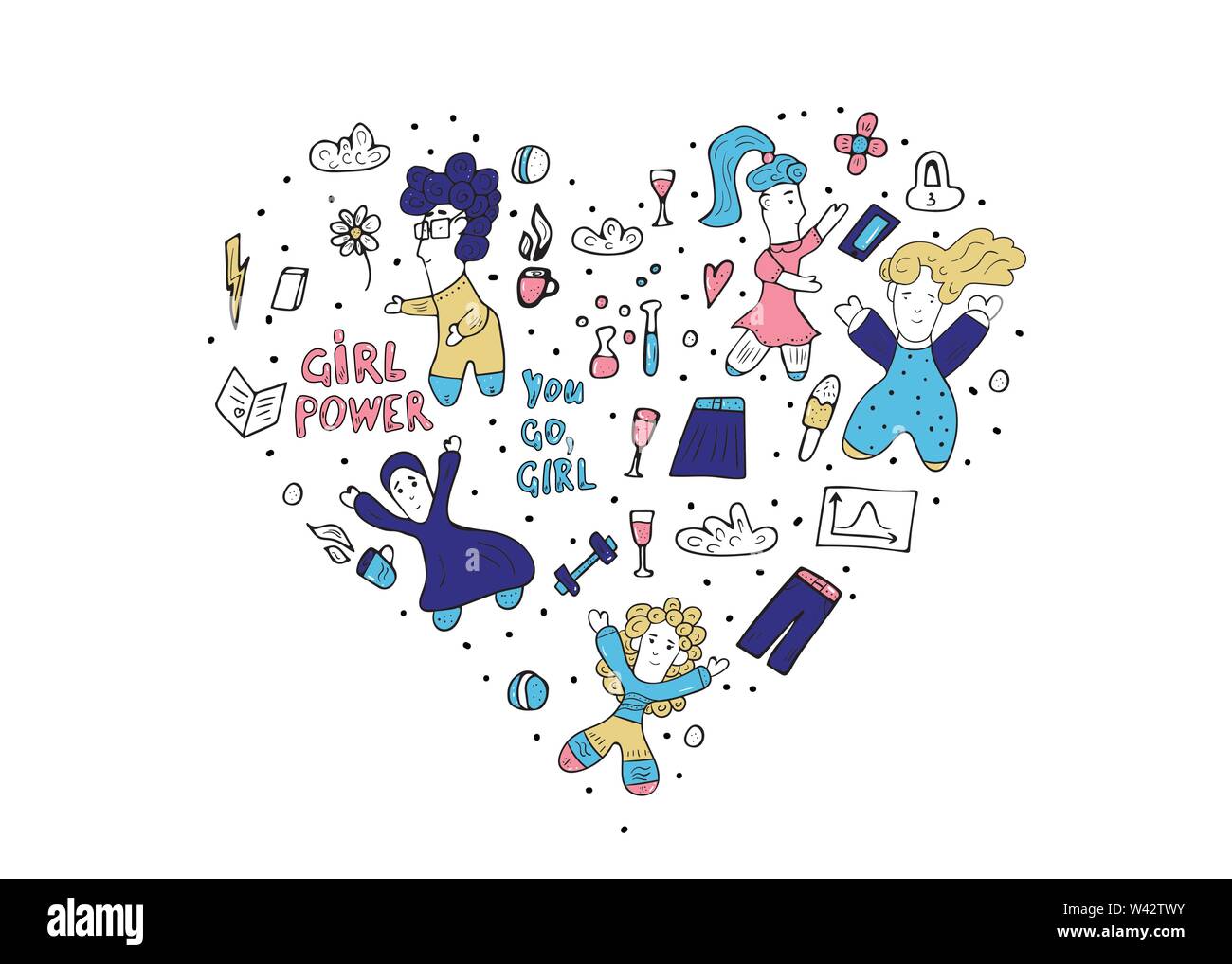Heart consept illustration of girl power. Composition in doodle style ...