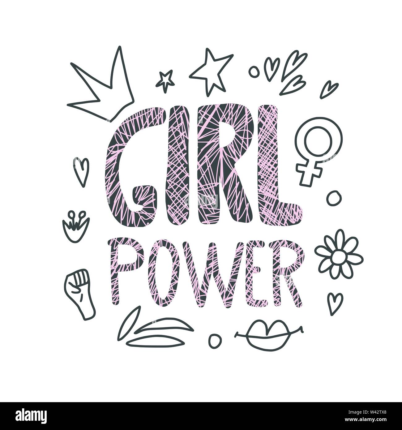 Girl power hand drawn lettering. Quote with decoration isolated on ...
