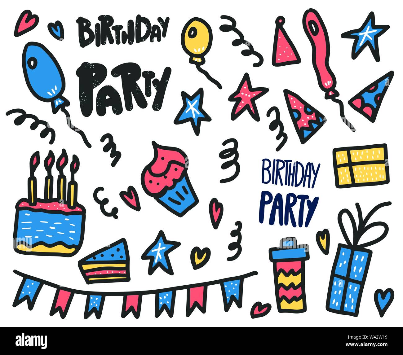 Birthday party set. Quote with fun event symbols. Handdrawn lettering ...