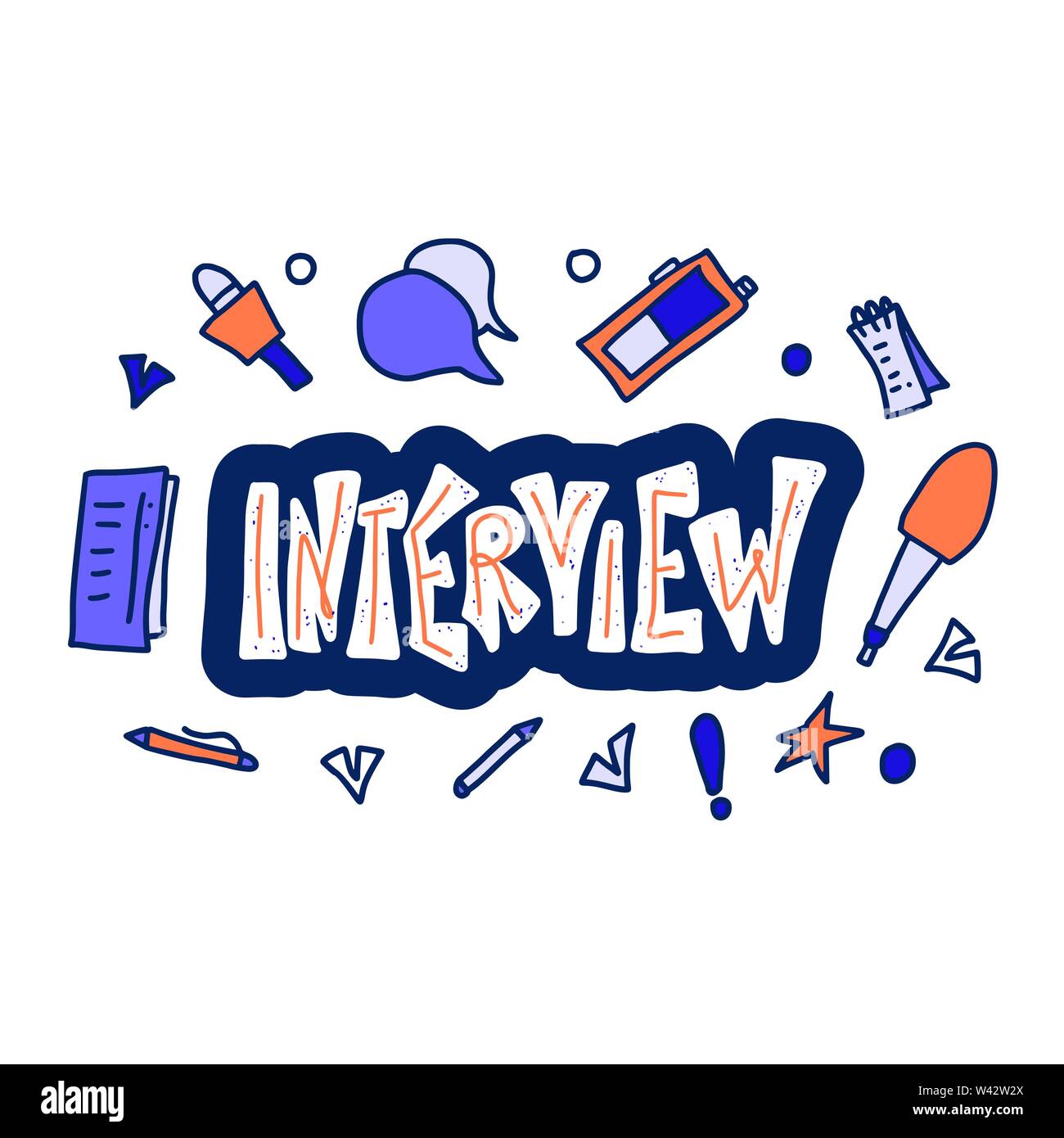 Interview lettering with decoration design elements isolated on white ...