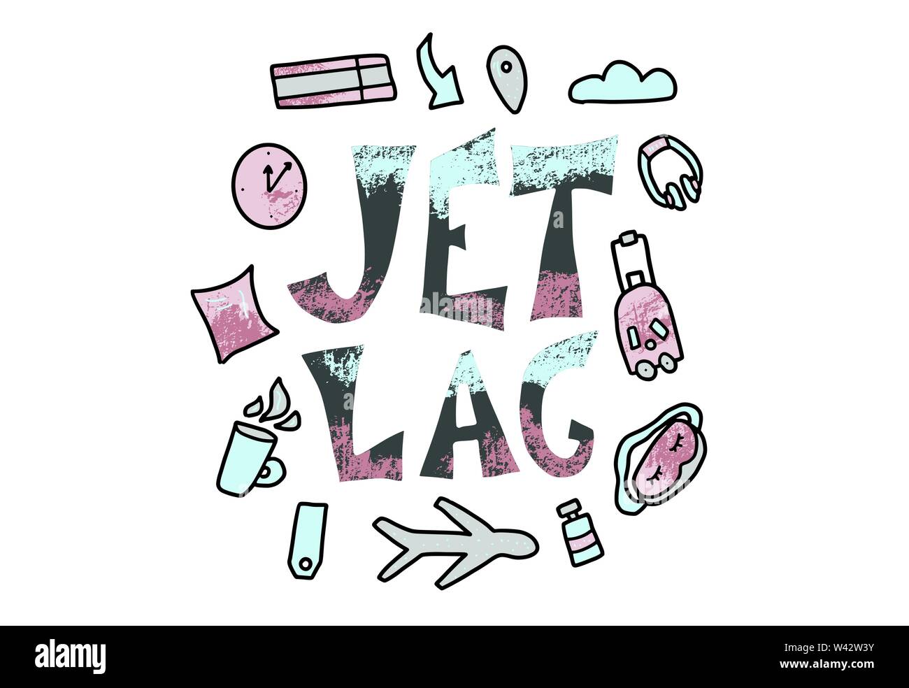 Jet lag concept. Jet lag quote with trip decoration on white background ...
